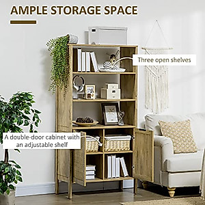 HOMCOM Boho Bookshelf, Storage Cabinet with 3 Open Shelves and Natural Rattan Decor, Bookcase for Living Room, Study, Bedroom