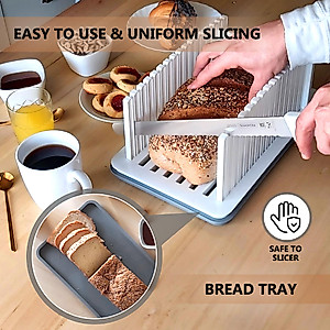 PLENTY HOUSE. Bread slicer for homemade bread. Manual bread slicing guide with adjustable with adjustable width, foldable, compact and with crumb tray. Ideal for sourdough bread, baguettes and bagels.