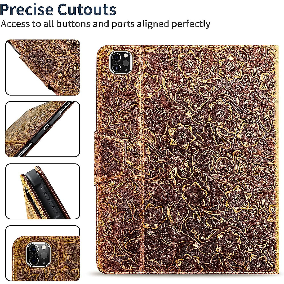 Gexmil Leather Case for iPad Pro 12.9 Inch, 6th/5th/4th/3rd Generation 2022/2021/2020/2018,Genuine Leather Folio Cover Shockproof with Pencil Holder,Magnetic Buckle Auto Sleep/Wake,Flower Pattern