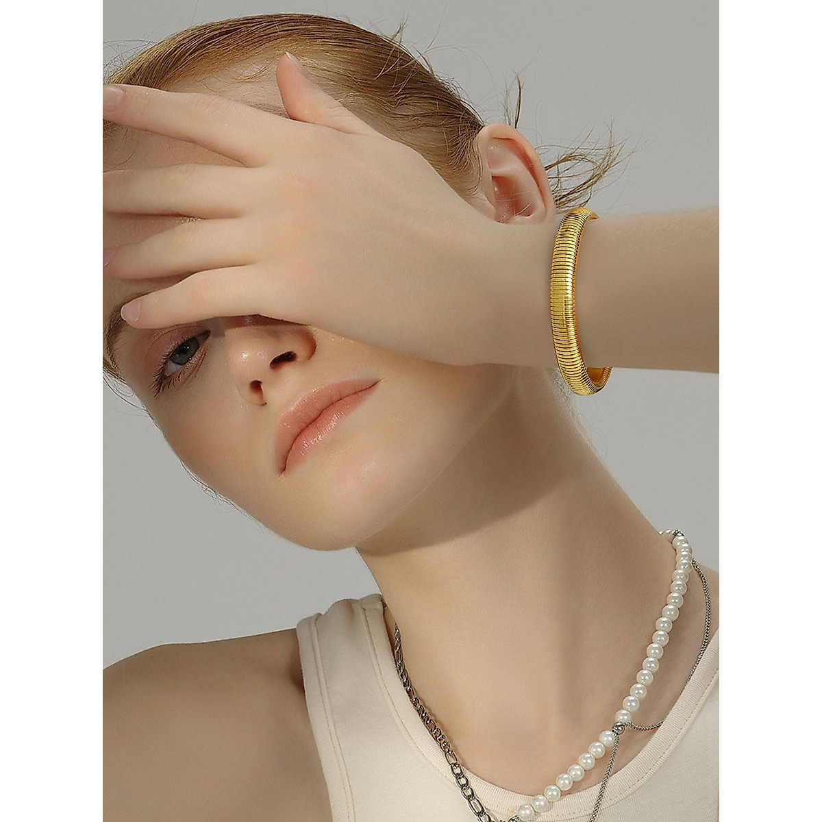 KeyStyle Gold Bangles for Women Thin Stretch Bracelets, High Polished Snake Link Flexible Bangle Bracelet (10mm wide)