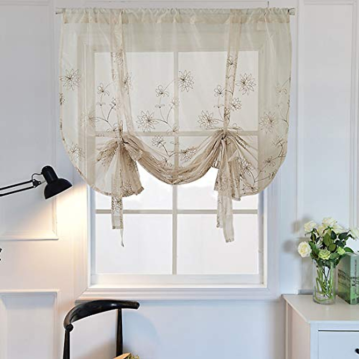 JAIJY Rod Pocket Liftable Roman Window Curtains Flower Embroidery Tie Up Sheer Shade Voile Shade Drape for Small Window Bathroom Decor, 1 Panel, 31"x 47" Inches Length