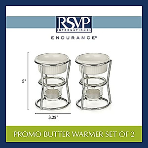 RSVP International Kitchen Collection Butter Warmer Set, Includes Stoneware Cups, Glass Tealight Holder, Candles and 5-Inch Tall Chrome Wire Frames, 1/3-Cup Capacity, White