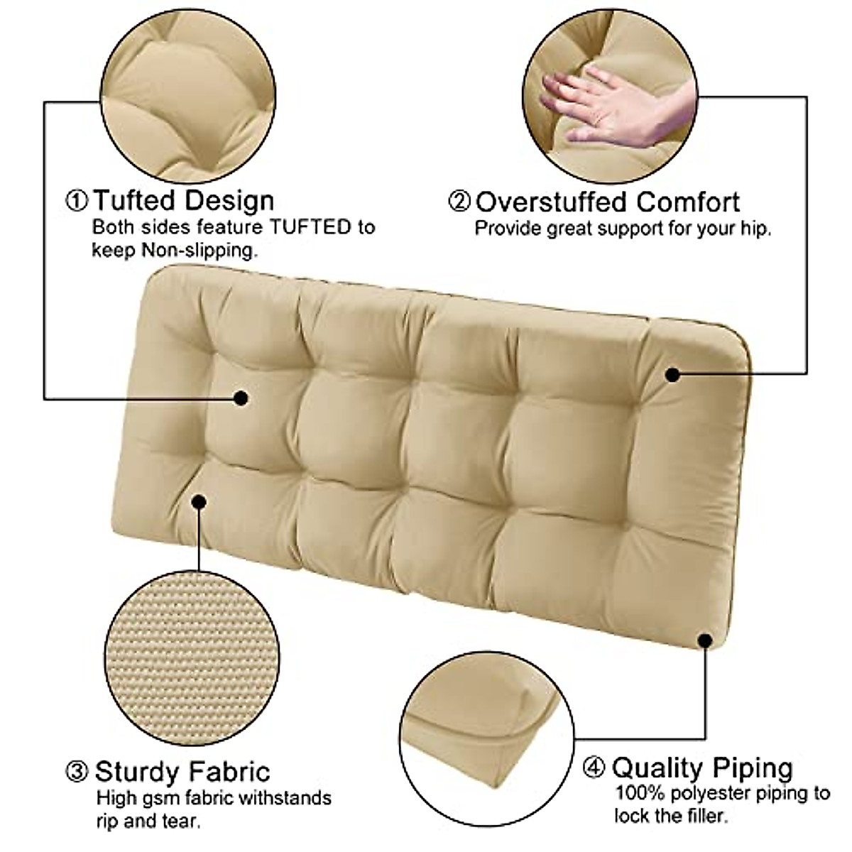 LOVTEX Tufted Bench Cushions for Outdoor Furniture Waterproof, 44 x 19 inches Patio Swing Cushions Khaki - Overstuffed Indoor/Outdoor Loveseat Cushions with Round Corner