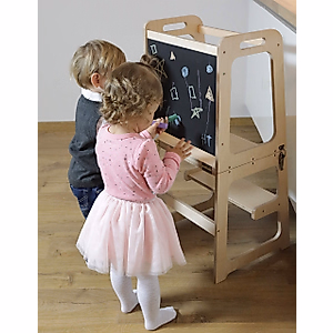 Foldable Montessori helper tower - Table & Chair with Chalkboard All-In-One (Natural lacquered)