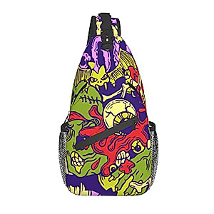 Mens Fashion Gym Bags Anti-Theft Halloween Pattern With Horror Elements Zombie Skull Colorful Crossbody Shoulder Backpack with Zipper, Multipurpose Sling ​Backpack for Cycling Traveling Hiking