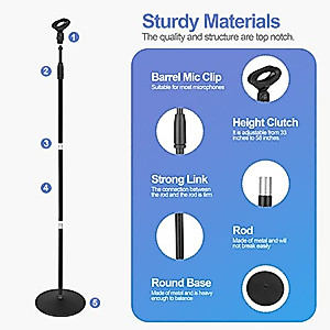 OUKMIC Microphone Stand, Adjustable Karaoke Mic Holder for Singing, Universal Floor Standing Detachable Mike Stand with Weighted Round Base, Cable Clip, Barrel Mic Clip and Tray for Kids Adults