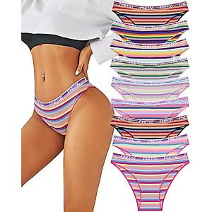 FINETOO Cotton Underwear for Women Bikini Panties High Cut Colorful Stripes Sexy Ladies Hipster Cheeky Panty 9 Pack S-XL