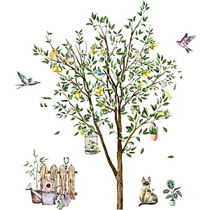 Pinenjoy Lemon Tree with Bird Cat Wall Decal Green Leaves Wall Stickers 32.67x38.18inch DIY Removable Self-Adhesive Vinyl Wall Murals for Living Room Nursery Bedroom Playroom Wall Decors