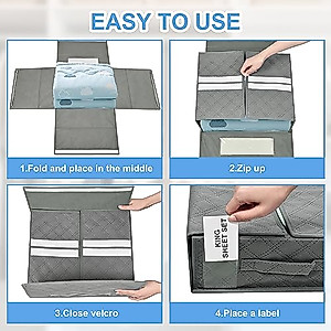Erarrow Foldable Bed Sheet Set Organizer, Storage Box for Duvet Cover Set with Clear Window and Handles, Linen Closet Organizer for Bedding Clothes Blankets, 2 Pack (Queen or King Size),Dark Grey