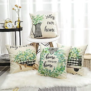 OTOSTAR Waterproof Outdoor Throw Pillow Covers Pack of 4 Spring Decorations for Home Pillow Covers 18x18 Inch Garden Pillowcase Leaf Cushion Case for Summer Holiday Couch Patio Decor (Eucalyptus E)