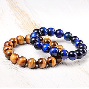 Jewever Original Natural Tigereye Gemstone 12mm Smooth Round Beads Stretch Bracelet Unisex(blue yellow,2pieces)
