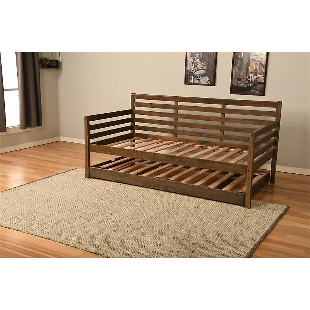 Kodiak Furniture Boho Wood Daybed with Pop Up Trundle in Walnut Brown Finish