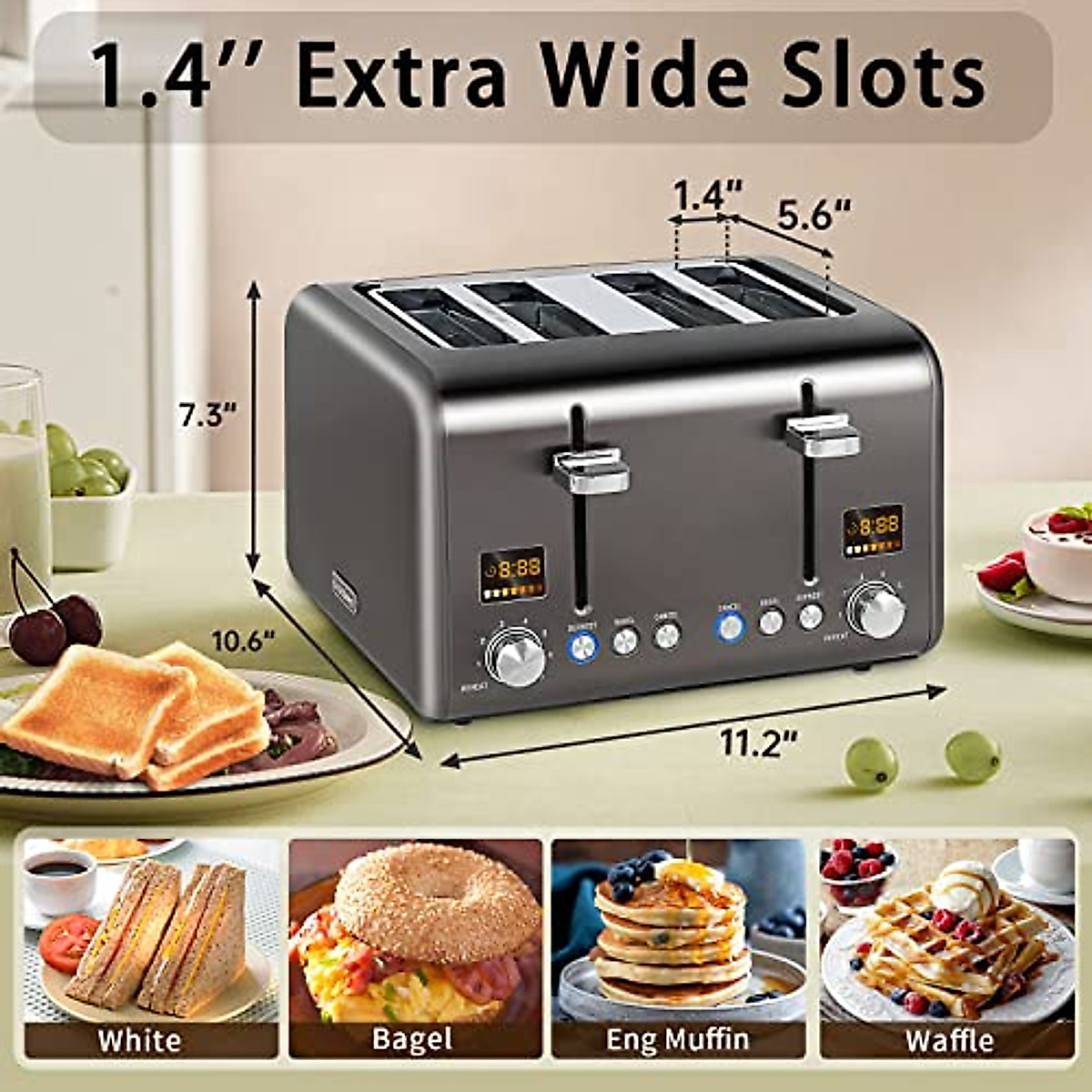 SEEDEEM Toaster 4 Slice, Stainless Steel Bread Toaster with Colorful LCD Display, 7 Bread Shade Settings, 1.4'' Wide Slots Toaster with Bagel/Defrost/Reheat Functions, Removable Crumb Tray, Dark Metallic, 1800W