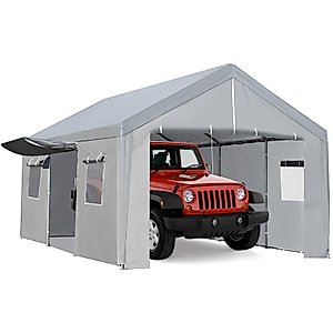 GarveeLife Carport 13x20FT, Heavy Duty Carport Canopy, Portable Garage with Removable Sidewalls & Doors, Roll Up Mesh Window, PE Waterproof Canopy, Reinforced Steel Pipes Tube Wall Thickness, Grey