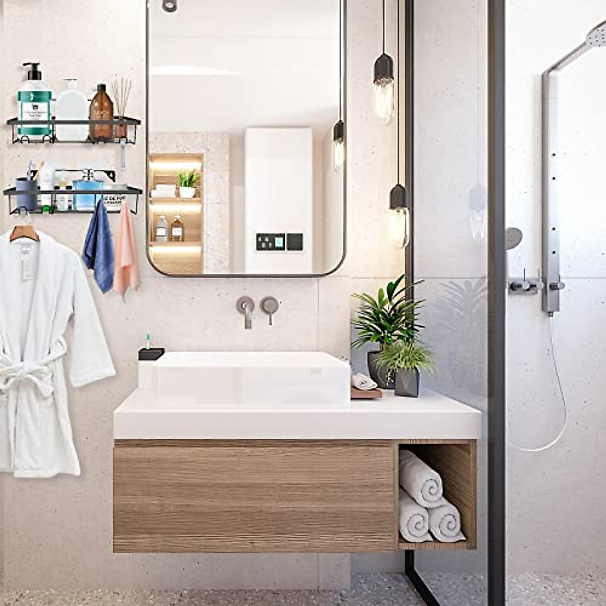 YULIFST 5Pack Shower Caddy Shower Shelves Shelf with Hooks Storage Rack Organizer Stainless Steel Caddy with Hairdryer Holder Soap Holder and Toothbrush Holder for Bathroom, Washroom, Kitchen (Black)