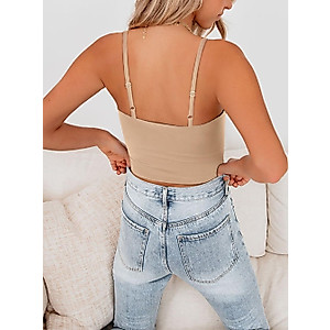 REORIA Women's Summer Sexy Casual Deep Scoop Neck Double Lined Adjustable Spaghetti Strap Cami Camisole Seamless Sleeveless Cropped Tank Top Cute Yoga Crop Tops Nude Small