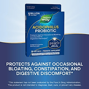 Nature's Way Acidophilus Probiotic Pearls, Supports Digestive Balance*, Protects Against Occasional Constipation and Bloating*, 1 Billion Live Cultures, 90 Softgels (Packaging May Vary)