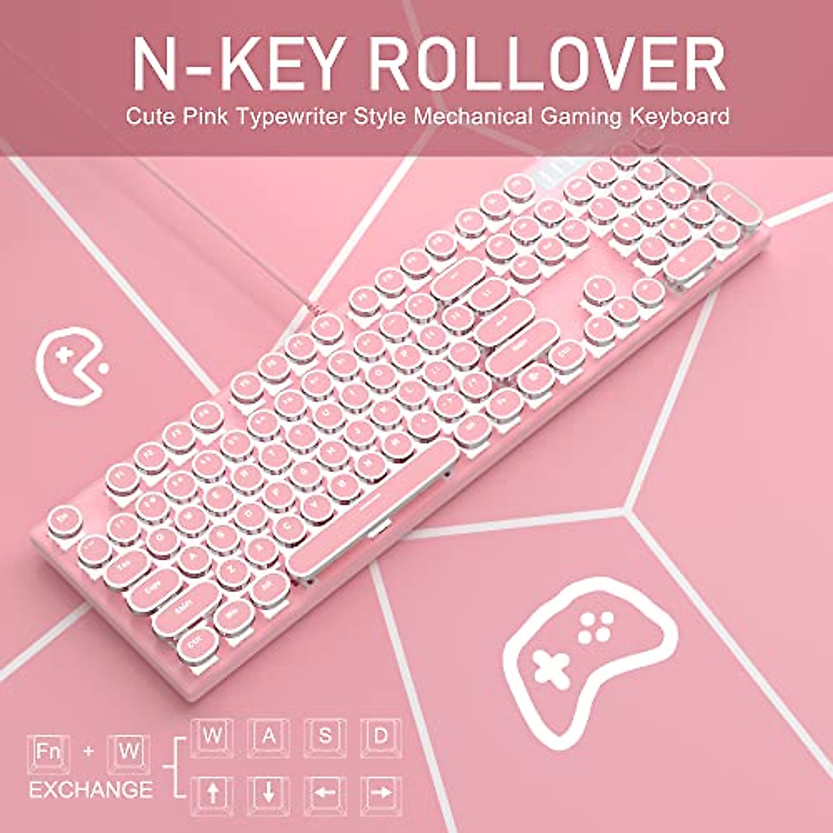 Camiysn Typewriter Style Mechanical Gaming Keyboard, Pink Retro Punk Gaming Keyboard with White Backlit, 104 Keys Blue Switch Wired Cute Keyboard, Round Keycaps for Windows/Mac/PC