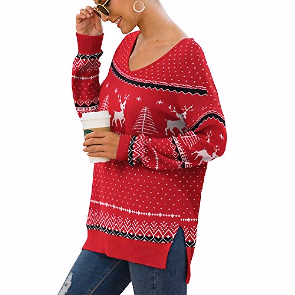 GRECERELLE Women's Fall and Winter Long Sleeve Side Split Loose Casual Pullover Christmas Sweater Tunic Tops FP Xmas Elk Red-Large