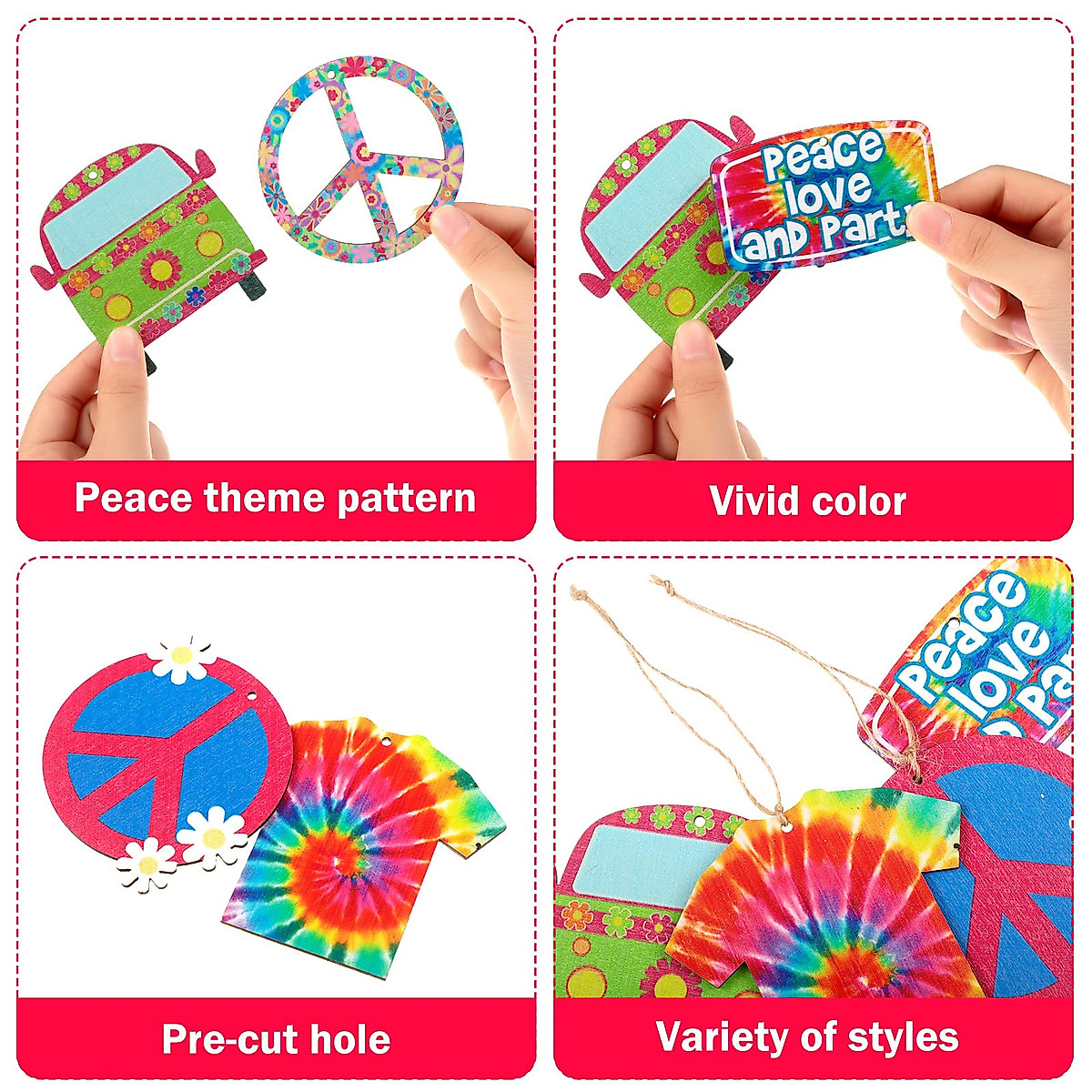 36 Pieces 60 70's Hippie Groovy Party Tie Dye Birthday Wooden Hanging Ornaments Hippy Retro Flower Peace Sign Wooden Hanging Ornaments for 60's Vibe Party Decoration DIY Craft