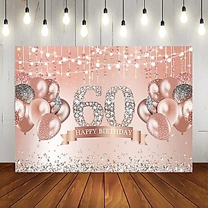 Pink Rose Gold Happy 60th Birthday Party Backdrop Glitter Diamonds and Balloons Lights Birthday Background Sixty Years Old Age Women Birthday Party Decorations Cake Table Supplies 7x5ft
