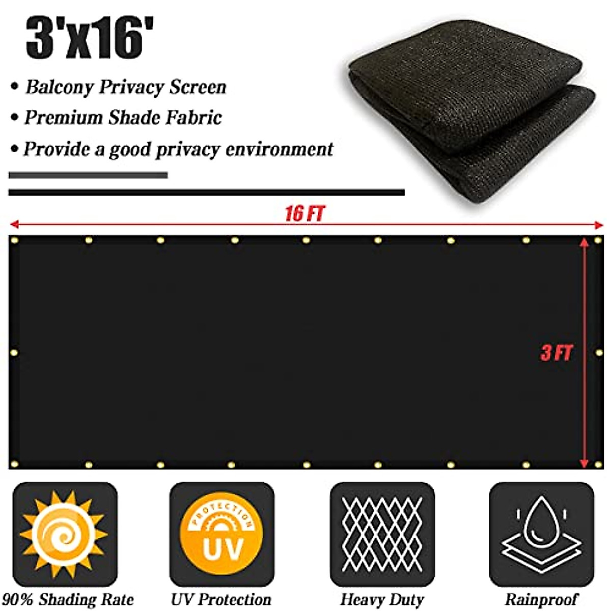 Vocray 3' x 16' Black Balcony Privacy Screen Fence Cover UV Resistant Protection Heavy Duty for Deck, Patio, Backyard, Railing Shield, Cable Ties Included, 90%