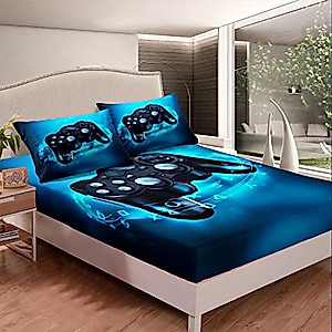 Gaming Bedding Set Kids Bed Sheet Set Full Size Soft Microfiber Gamer Console Video Game Fitted Sheet Boys Teens Game Room Decor Bed Cover with 2 Pillow Case (Flat Sheet not Included), Blue