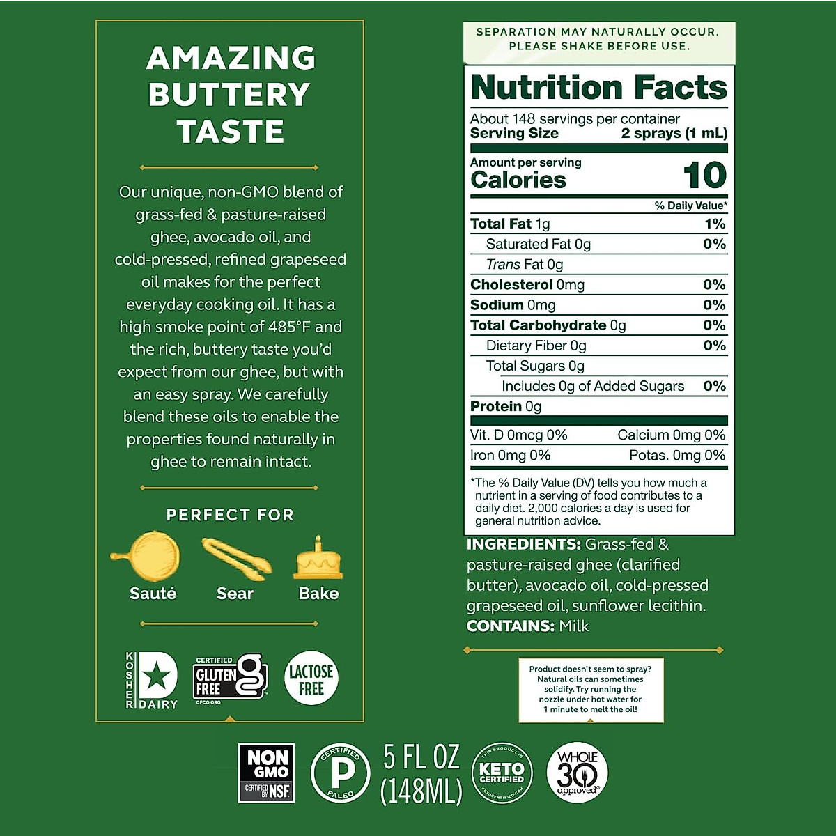 4th & Heart Original Ghee Oil Non-Stick Cooking Spray, Made with Grass-Fed, Pasture-Raised Ghee, Keto, Lactose-Free, Certified Paleo Baking Spray (5oz)