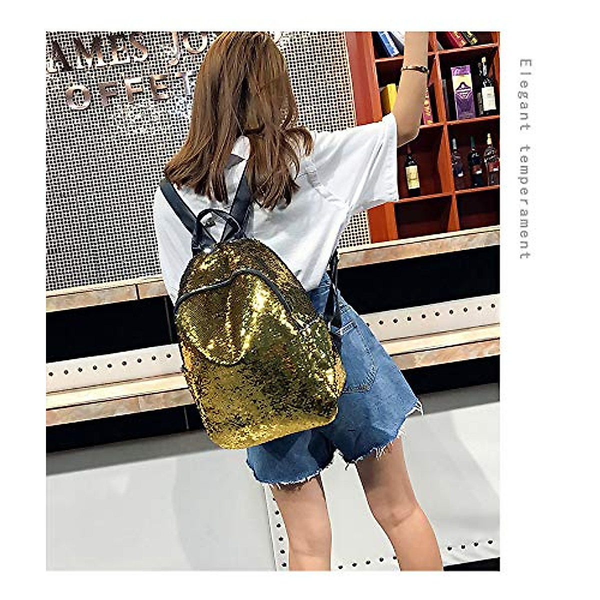 GANYGLE Sequin bag leisure travel backpack campus student schoolbag Holographic bag (Yellow)