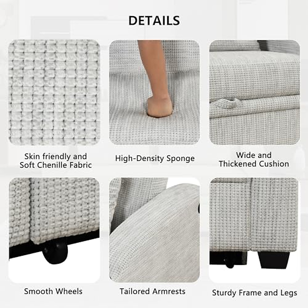 P PURLOVE Upholstered Modern Sofa Bed with Armrest, Convertible Sofa Couch with Adjustable Backrest, Sleeper Bed with 2 Pillows, USB Port, Chenille Pull Out Sofa Bed for Living Room (White Gray)