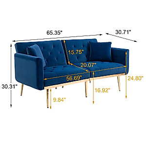 SULOPS 65" Tufted Velvet Vintage Futon Sofa Bed with 2 Pillows, Modern Accent Sofa Upholstered Comfy Loveseat Sofa Sleeper Bed 2-Seater Folding Couch for Home Office Small Space (Velvet Navy)