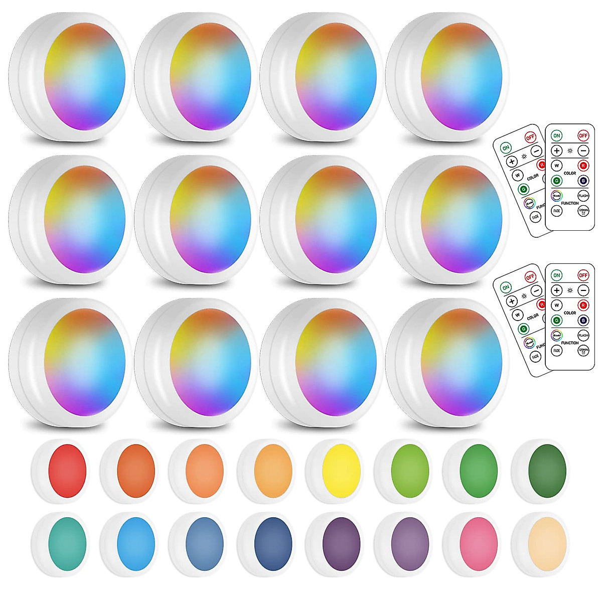 SIXDEFLY Wireless 16 Color Changing LED Puck Light 12 Pack LED Under Cabinet Lighting Closet Light Battery Powered Night Lights with Remote Control Dimmer & Timing Function