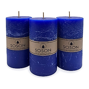 Simply Soson Blue Rustic Texture Pillar Candles 3x6 inch - Set of 3 - Unscented Decorative Blue Candles, No drip Candles, Ideal as Large Candles for Home Decor, Weddings, Holidays