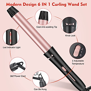 Curling Iron Set, USHOW 6 in 1 Curling Wand Set Hair Iron Kit Instant Heat Up Hair Curler with 6 Interchangeable Tourmaline Ceramic Barrels (0.35'' to 1.25'') Temperature Adjustments, with Gloves