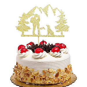 Outdoor Wedding Cake Topper Bride & Groom with Dog Backpacking Wedding Party Decor Mountain Trees Outdoor Themed Wedding Cake Decorations Gold Glitter