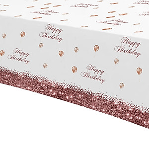 Xigejob Happy Birthday Decorations Tablecloth, Disposable Birthday Party Supplies Table Covers, Rose Gold Table Cloth for Women 30th 40th 50th 60th 70th 80th 90th Birthday | 2 Pack (54in x 108in)
