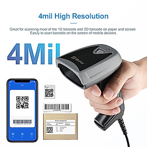 BizPal Wired 1D & 2D Barcode Scanner, Wide-Angle Lens Easy Coverage, Fast Scanning, Ergonomic Handle, Anti-Shock, Suitable for Store, Restaurant, Pharmacy, Clothing Industry, Plug and Play BSC-2000