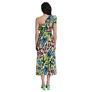Donna Morgan Women's Bold Floral Printed Midi Dress with Ruffle One Shoulder, Soft White/Olive Green, 16