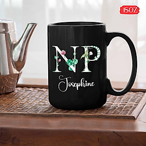 NP Coffee Mug, Personalized Nurse Practitioner Gift, Custom Nurse's Name Mug, Gift for Medical Student Nursing School, NP Mug, Alphabet Letter Monogram Flower NP Tea Cup, Black Mug 11oz, 15oz
