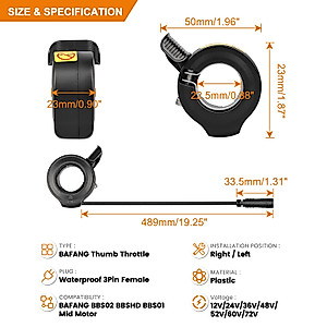 BAFANG Thumb Throttle for Motor Kit : Compatible Mid Drive Electric Bike Conversion Kit BBS01 BBS02 BBSHD BBS03 BBS02B Motor, Waterproof 3PIN Female Thumb Throttle Accelerator for eBike