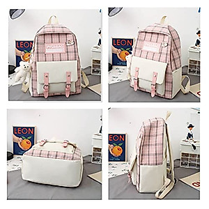 4pcs Aesthetic Backpack Set with Large Capacity, Back to School Canvas Kawaii Backpack Set for Young (Pink)