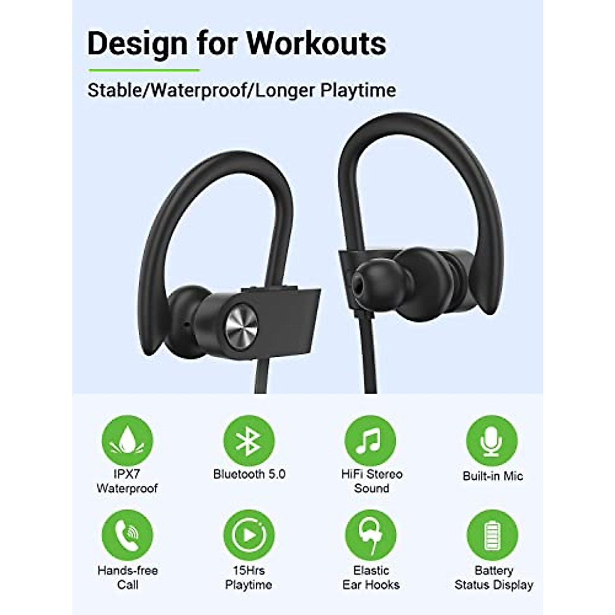 Stiive Bluetooth Headphones, 5.3 Wireless Sports Earbuds IPX7 Waterproof with Mic, Stereo Sweatproof in-Ear Earphones, Noise Cancelling Headsets for Gym Running Workout, 16 Hours Playtime - BlackGrey