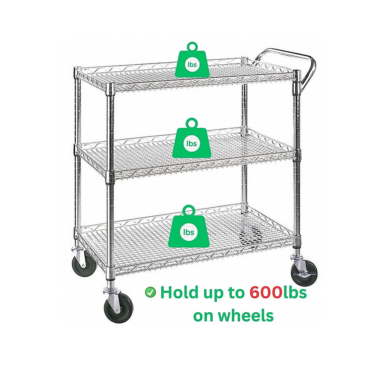 Heavy Duty 3 Tier Rolling Utility Cart Kitchen Cart on Wheels Metal Serving Cart Commercial Grade with Wire Shelving and Handle Bar for Kitchen Office Hardware