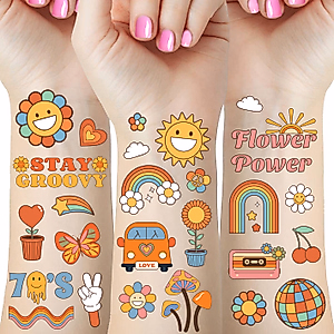 75Pcs Groovy 70s Temporary Tattoos for Kids, Hippie Tattoo Stickers, Birthday Party Favors Decorations Supplies for Boys Girls, Flower Power Good Vibes Smile Love Rainbow Arts and Crafts