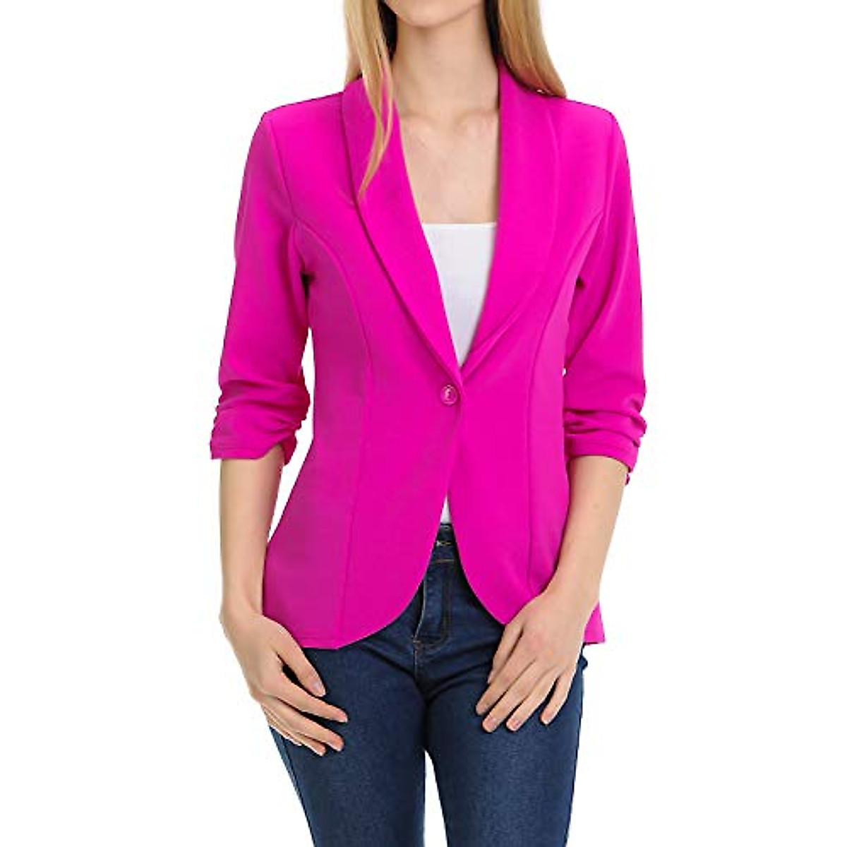 MINEFREE Women's 3/4 Ruched Sleeve Lightweight Work Office Blazer Jacket Berry L