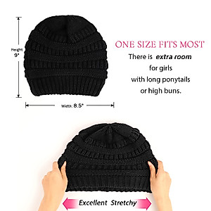2 Pack Satin Lined Knitted Beanie Hats for Women Winter Warm Stretch Slouch Cable Beanie with Satin Silk Lining Black+Rose