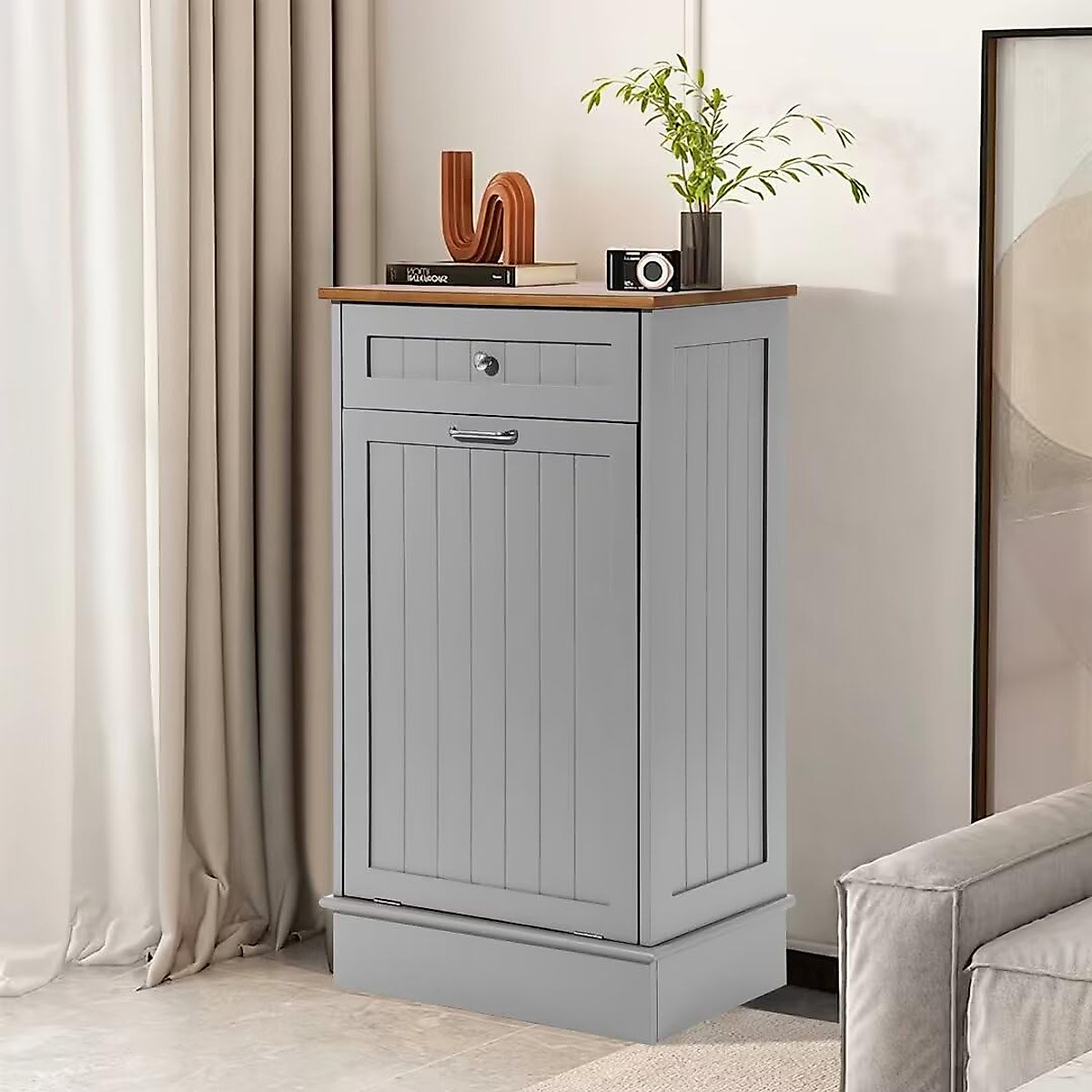 KIGOTY Tilt Out Trash Cabinet,Wooden Kitchen Trash Bin Holder Garbage Bin Recycling Cabinet Laundry Hamper with Solid Wood Countertop and Hideaway Drawer,Gray