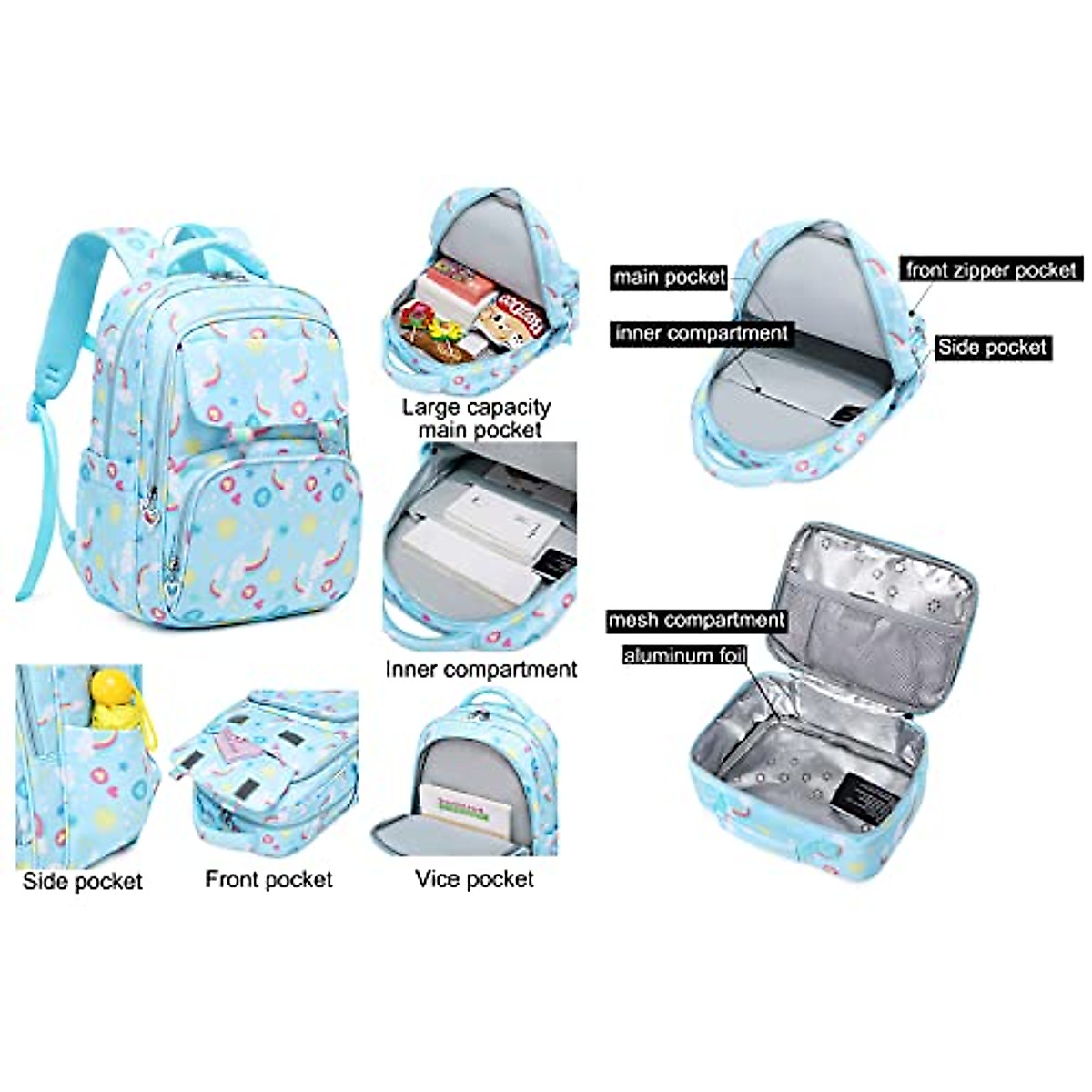 JiaYou Girls Backpack Sets Primary School Bookbag Rainbow Pattern Daypack with Lunch Bag(Black,19 Liters)