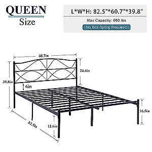 VECELO Queen Size Bed Frame, Metal Bed Platform with Headboard, Sturdy Steel Slats Support, No Box Spring Needed/Noise-Free,Easy Assembly, Black
