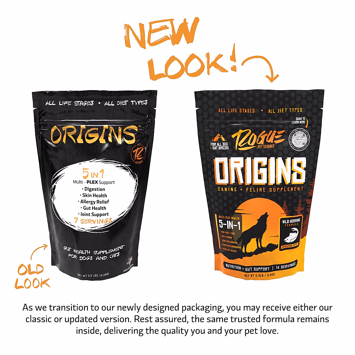 ROGUE PET SCIENCE Origins 5-in-1 Dog Supplement - Powdered Food Topper w/Natural Omega 3 Fish Oil - Supports Healthy Digestion, Skin, and Coat - Helps Reduce Itching & Joint Inflammation (1/2 lb)